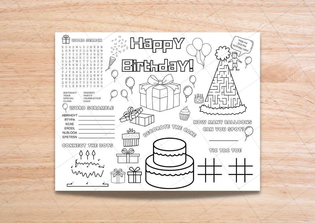 Birthday Placemat - Generic Birthday - Printable Coloring and Activity ...