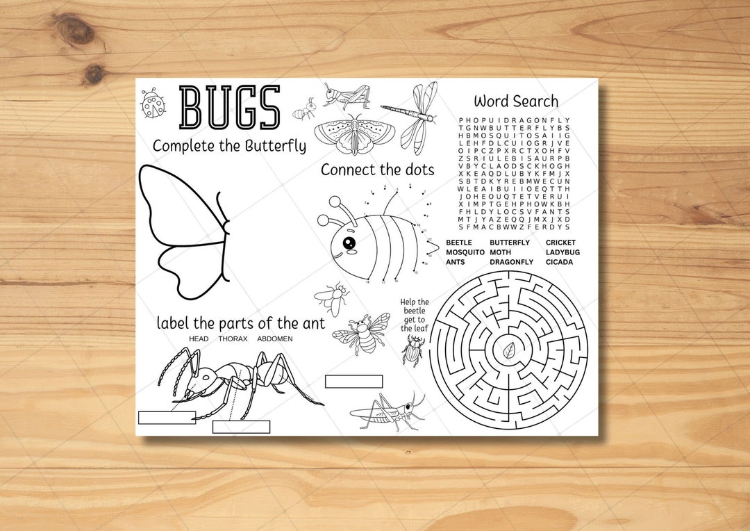 Bugs Placemat - Printable Coloring and Activity Sheet for Kids - Bugs ...