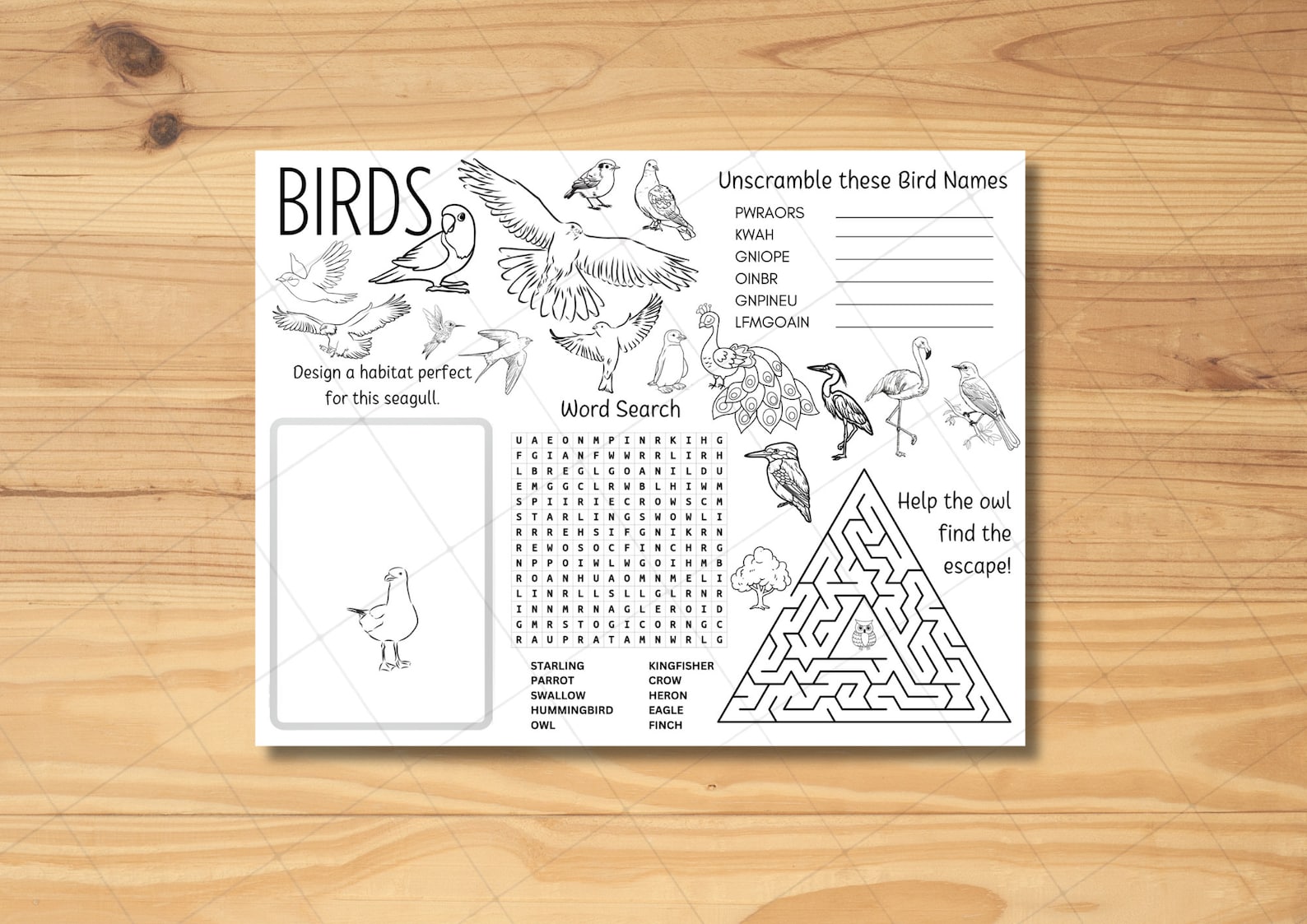 Birds Placemat - Printable Coloring and Activity Sheet for Kids - Bird ...