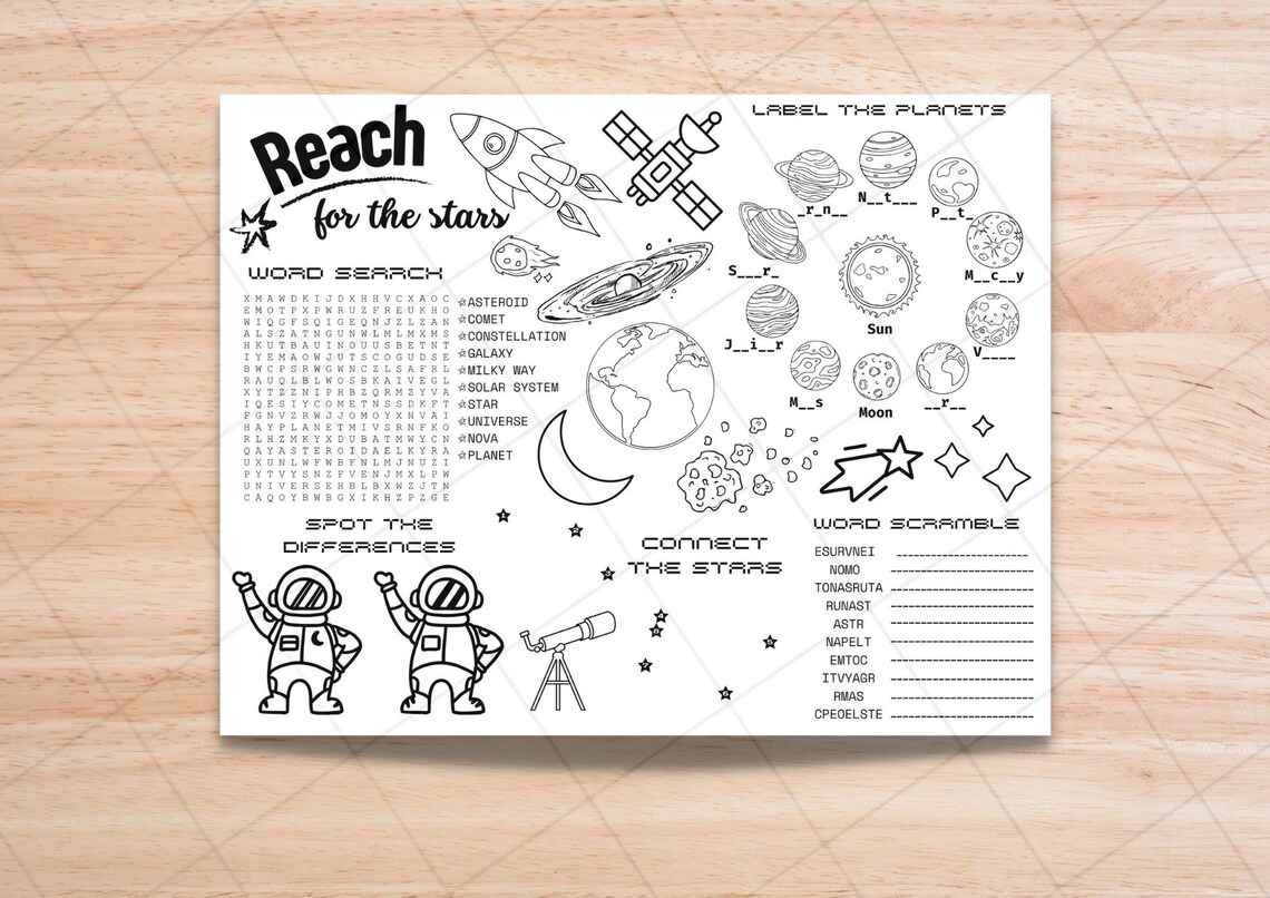 Space Placemat - Printable Coloring and Activity Sheet for Kids - Space ...