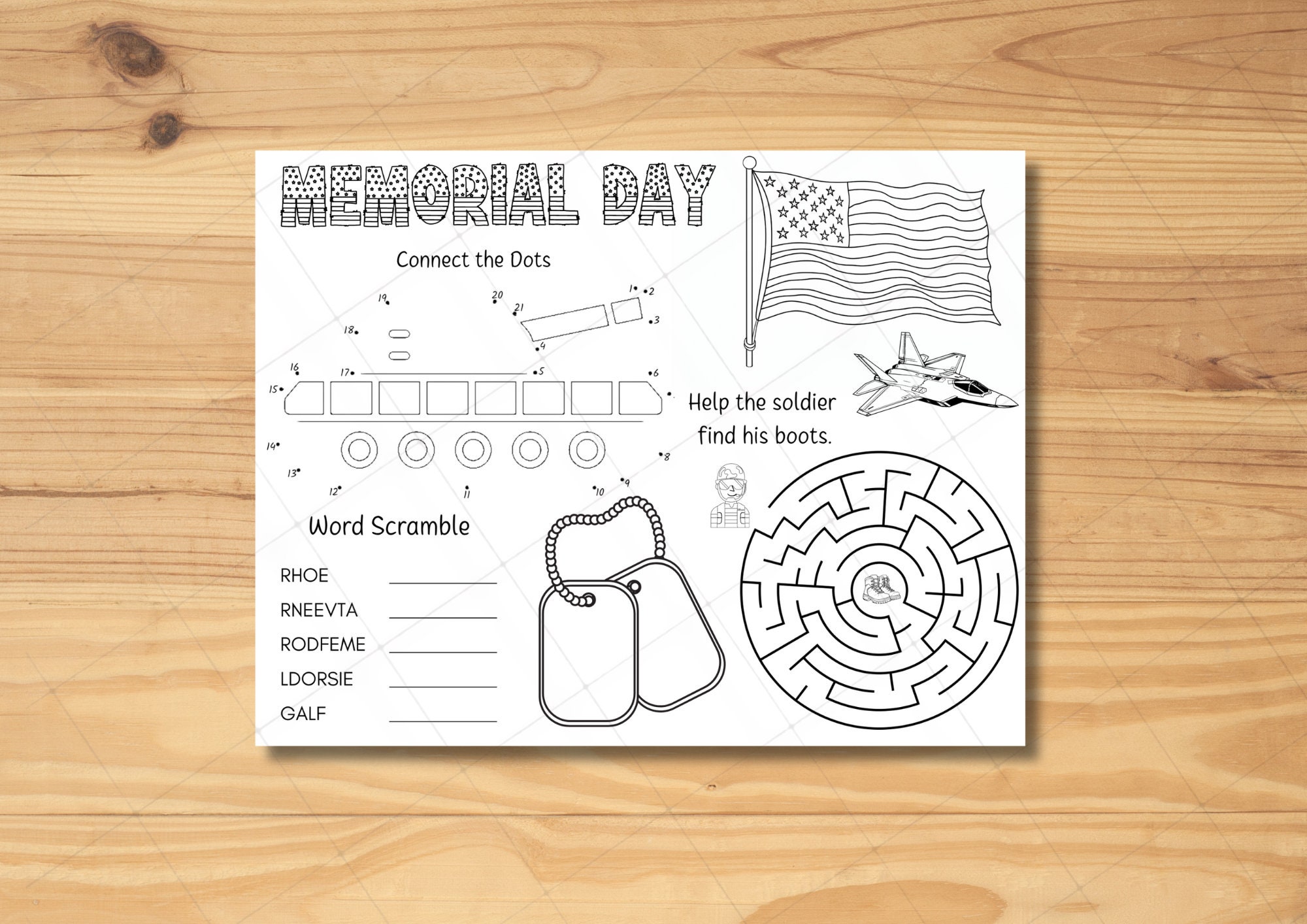 Memorial Day Placemat - Printable Coloring and Activity Sheet for Kids ...
