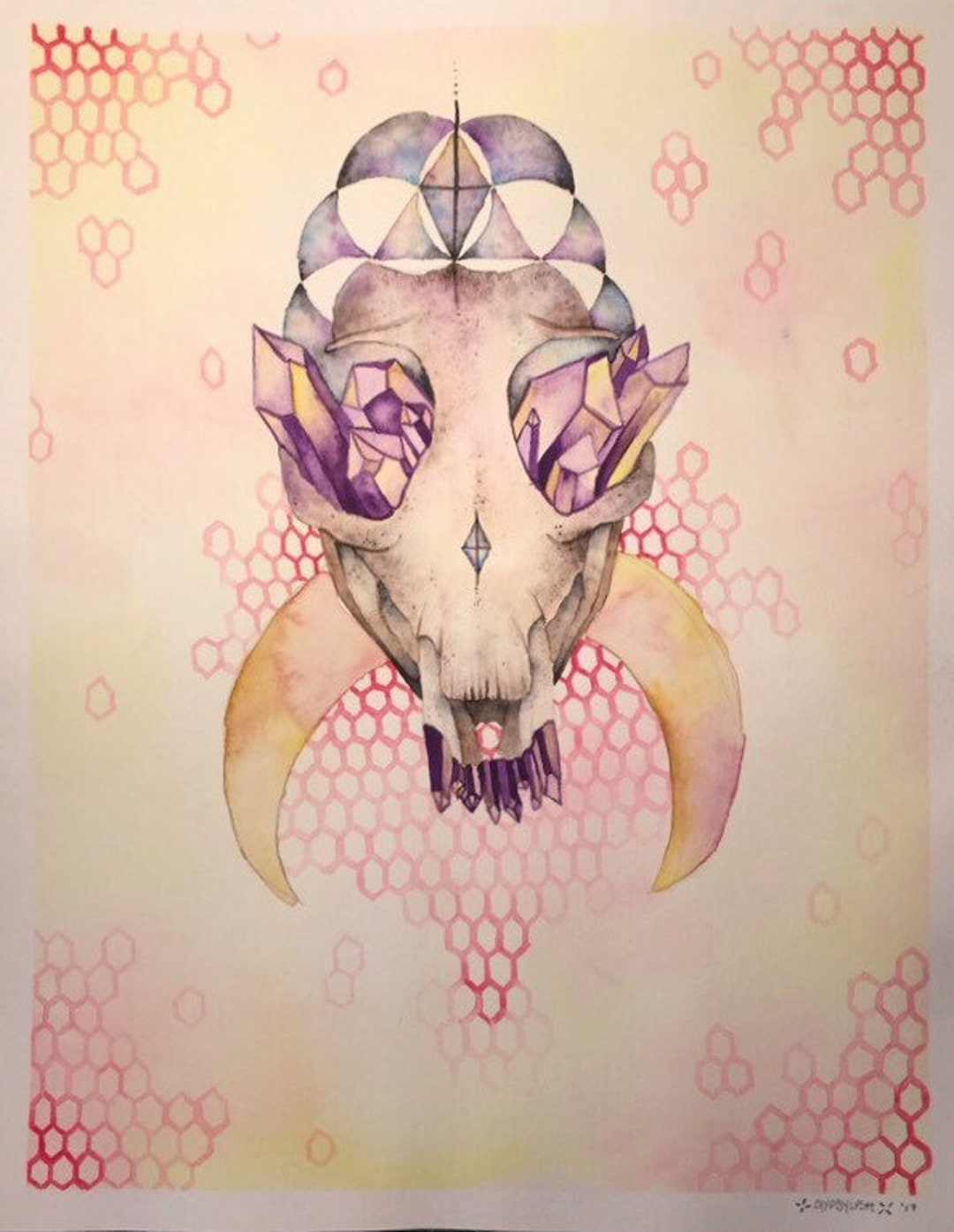 Chiroptera Echo Moon Original Watercolor Painting | Bat Decor Hanging Decoration Psychedelic ...