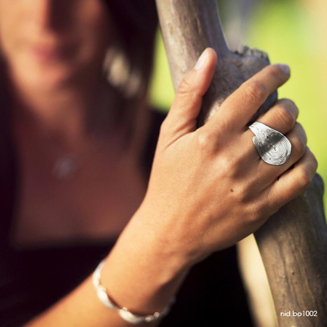 Sterling Silver Large Fingerprint Wire Ring, Modern Flat Ring ...