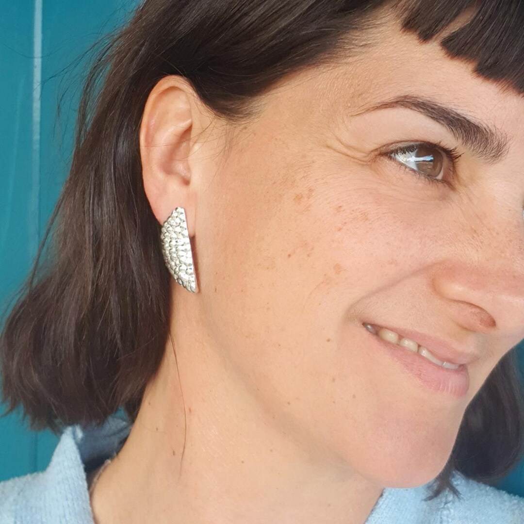 Large Semi-circle Studs in Recycled 925 Solid Silver, Seed Texture ...