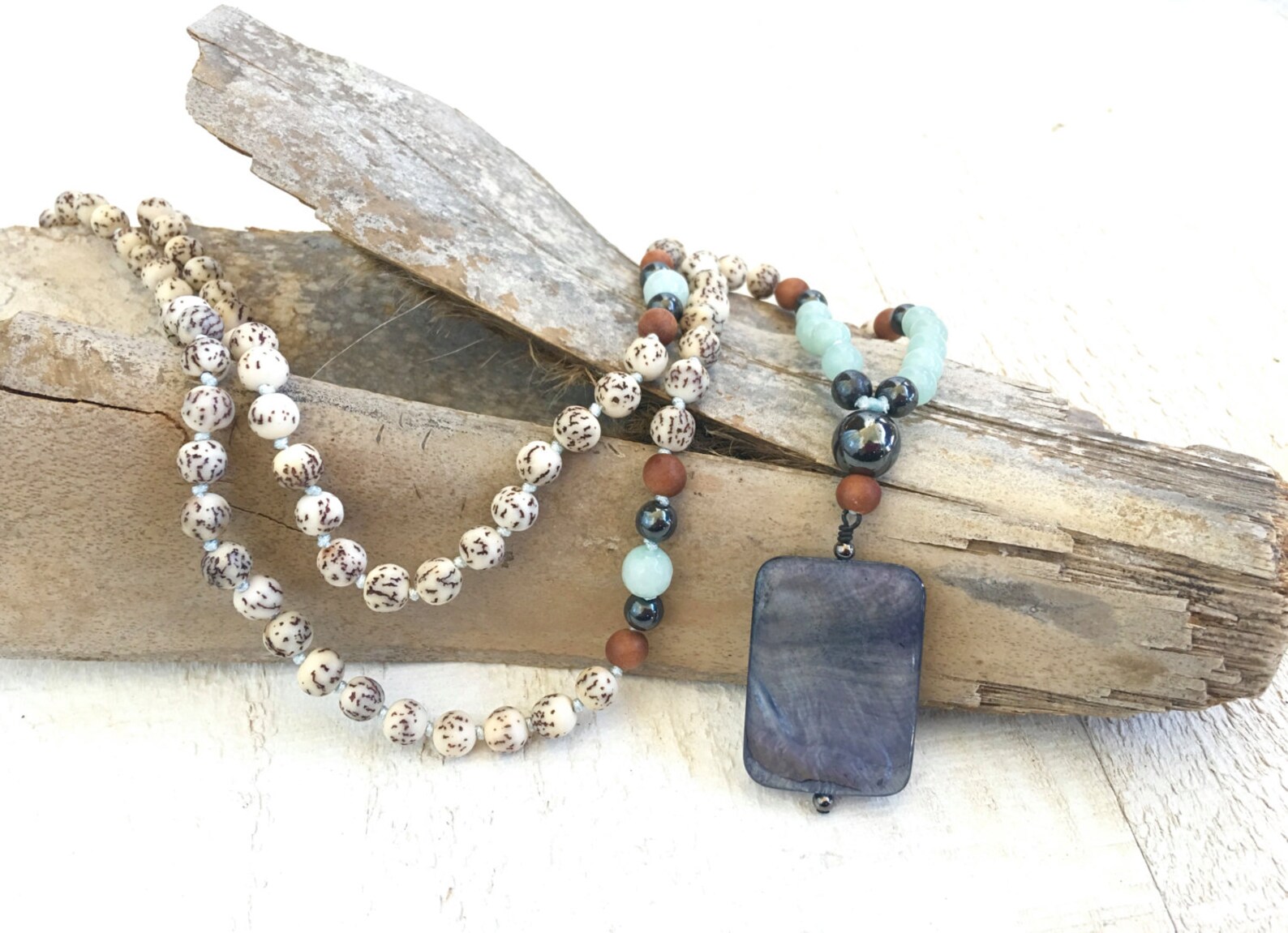 Mother of Pearl Mala Beads - Amazonite & Salwag Seed Beads ...