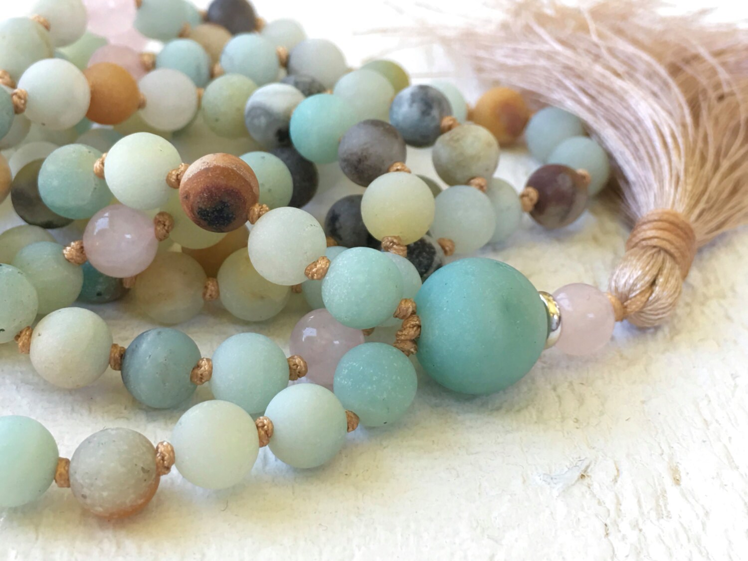 DISPEL NEGATIVE ENERGY - Amzonite Mala Beads - Rose Quartz - Tassel ...