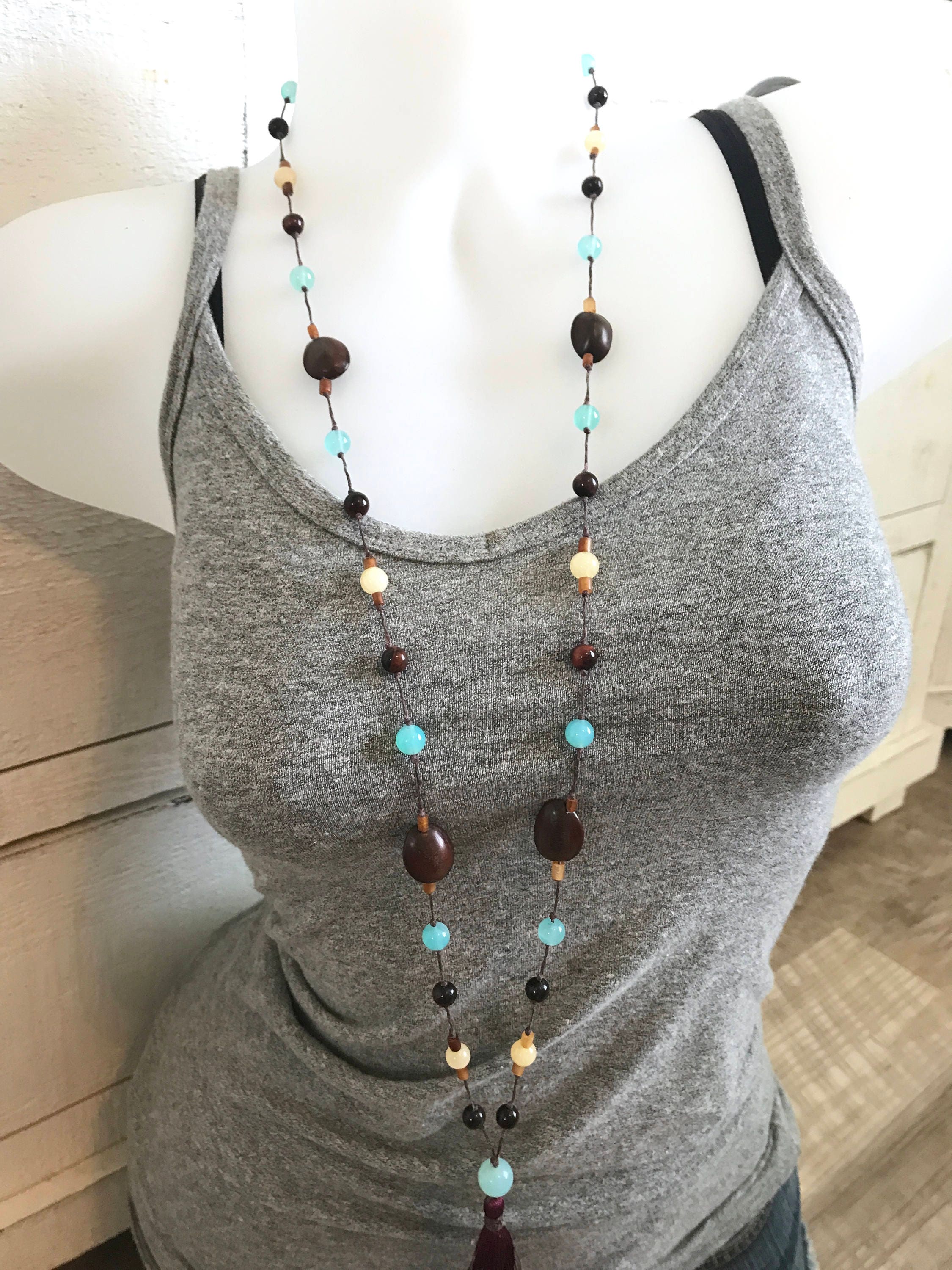 Bohemian Style Natural Tassel Necklace Gemstone And Seed Knotted Necklace Long Boho Chic