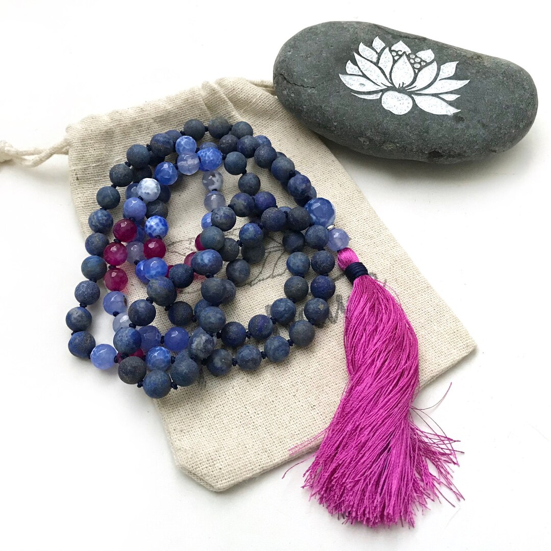Mala for Truth & Wisdom - Lapis Lazuli, Agate Beads - Vibrant Mala ...