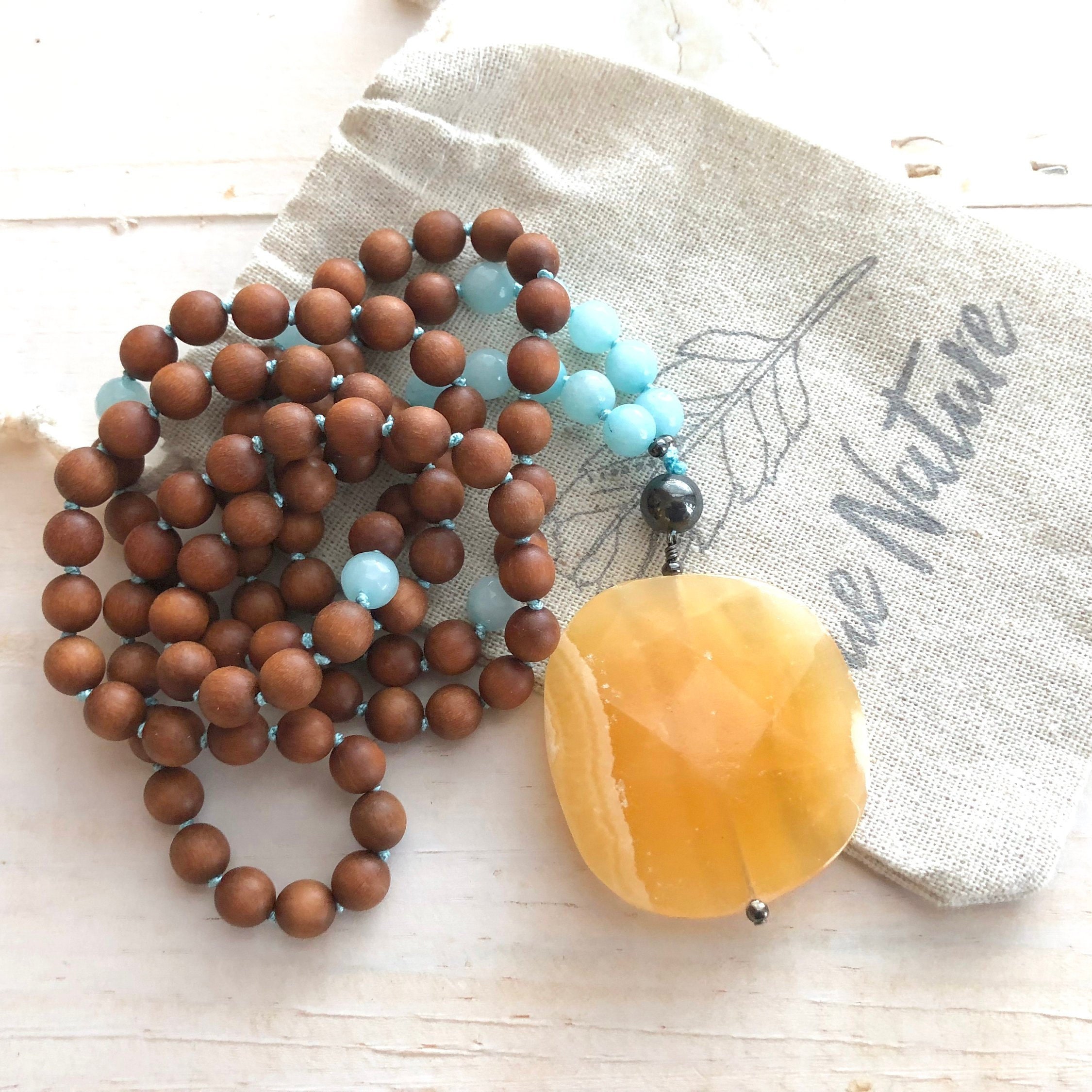 Positive Energy Mala - Orange Calcite Mala Necklace - Sandalwood Mala ...