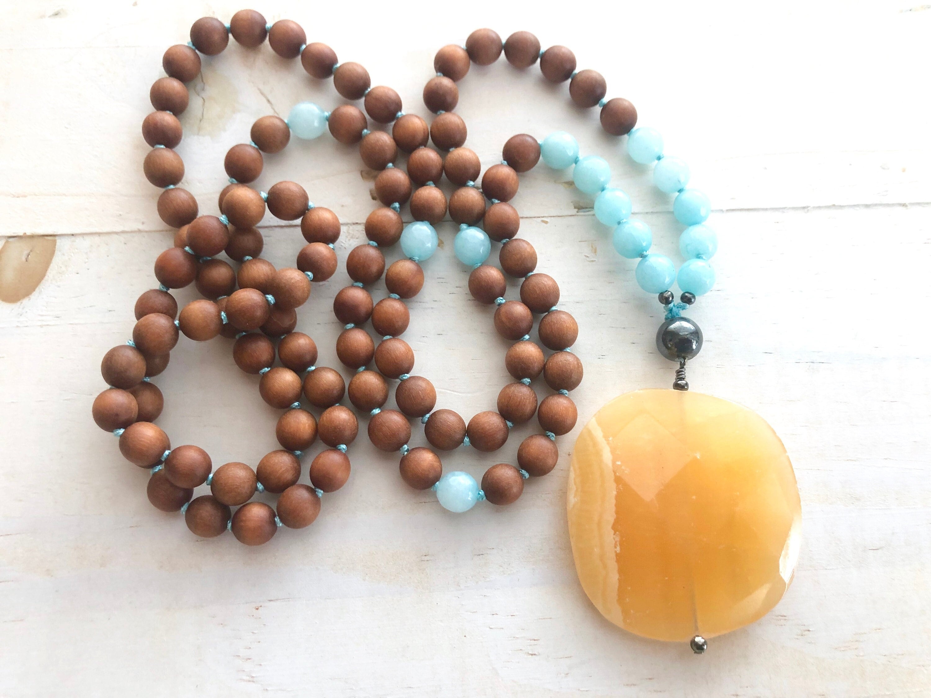 Positive Energy Mala - Orange Calcite Mala Necklace - Sandalwood Mala ...