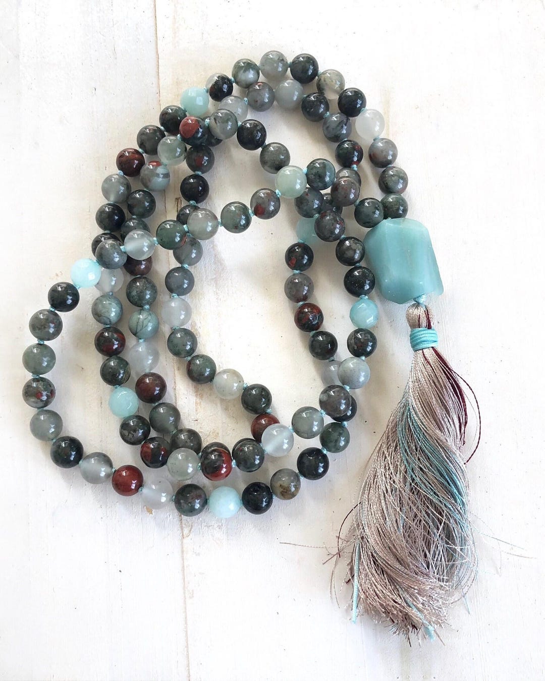 Mala for Courage - Bloodstone & Amazonite Beads - 108 Beads Mala ...