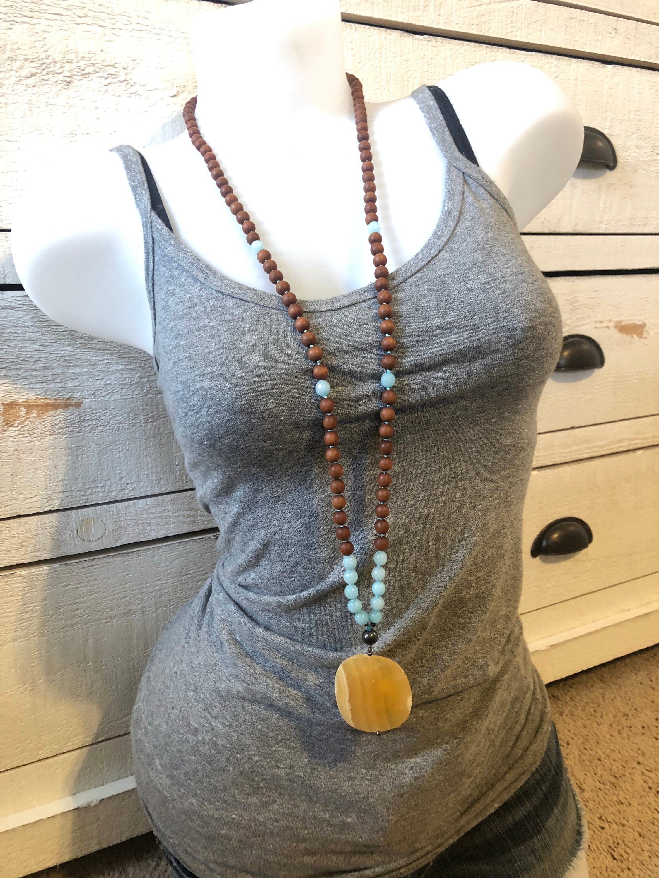 Positive Energy Mala - Orange Calcite Mala Necklace - Sandalwood Mala ...