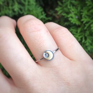 Mini Moon Stacking Ring / Sterling Silver and Brass Mixed Metals / Minimalist Crescent Moon Ring ...