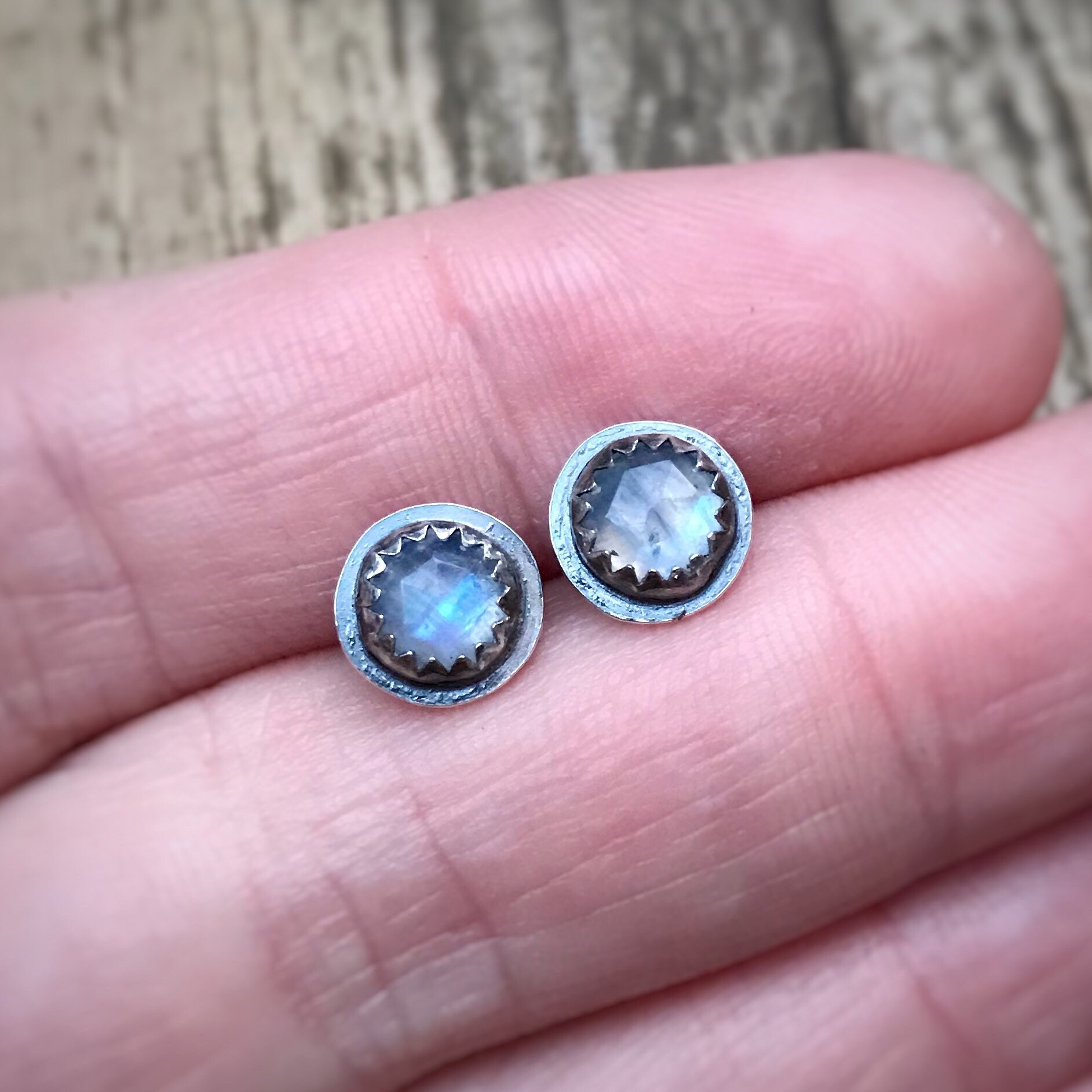 Rose Cut Rainbow Moonstone Studs / Sterling Silver Studs / | Etsy
