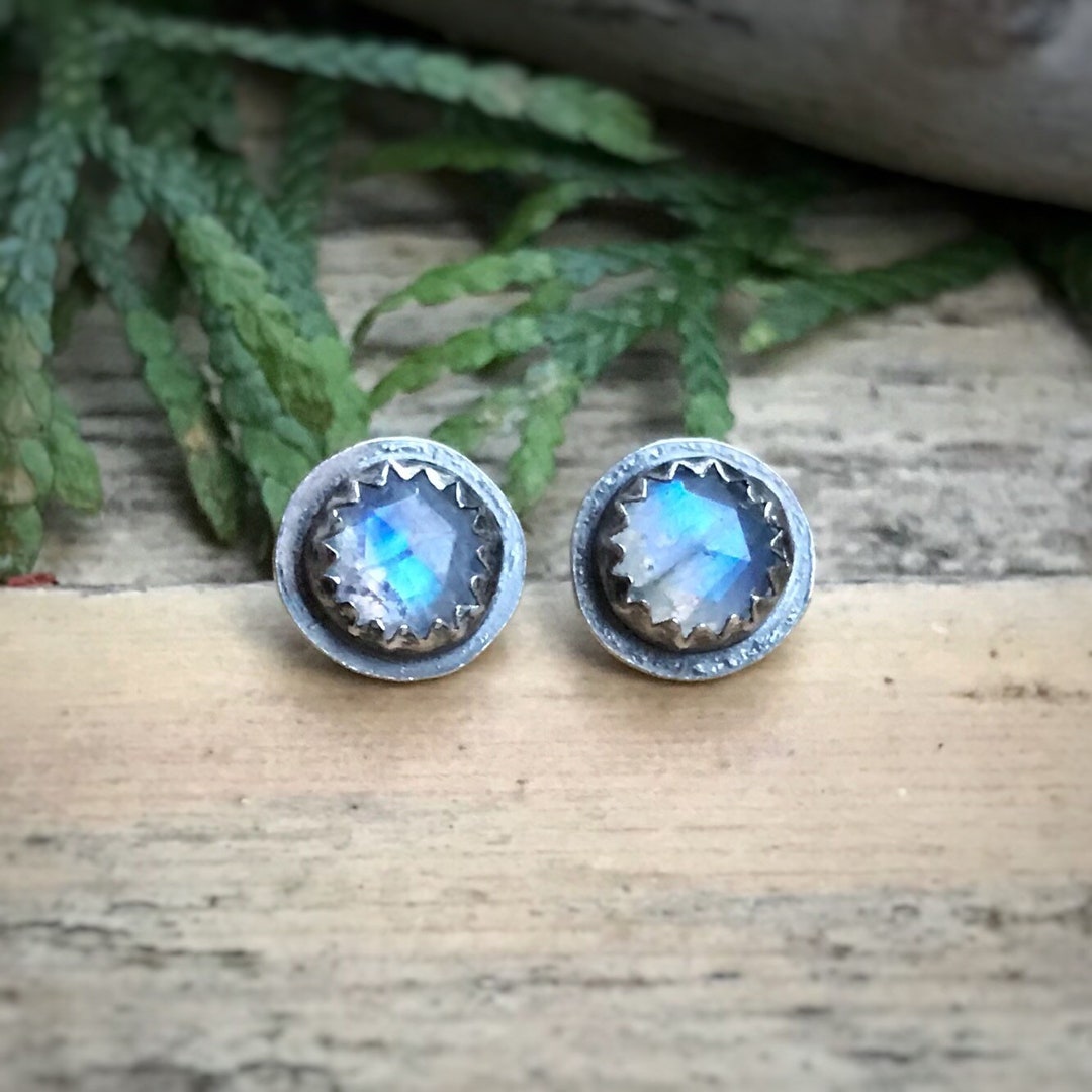 Rose Cut Rainbow Moonstone Studs / Sterling Silver Studs / Crystal ...