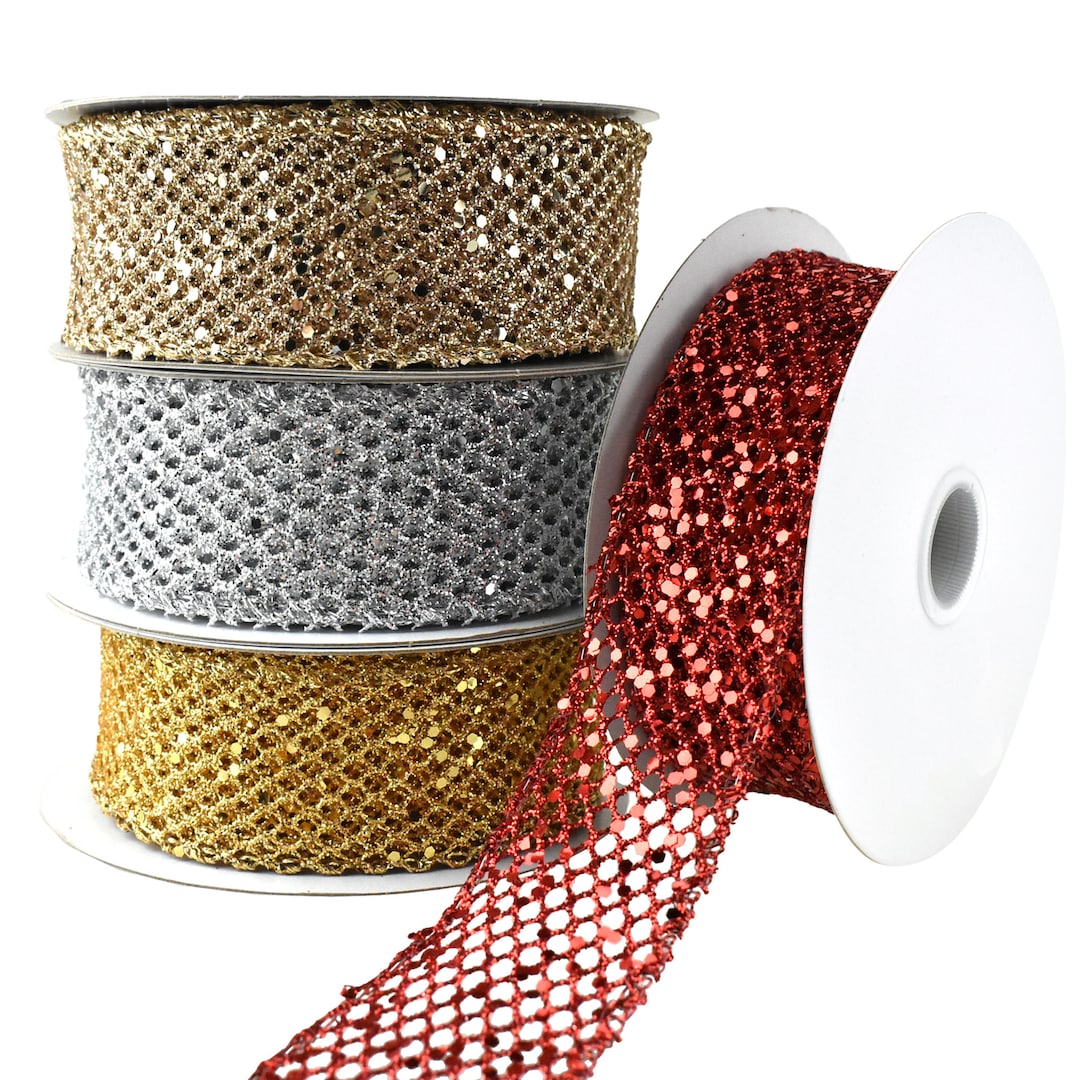 Christmas Dazzling Glitter Chunk Netting Wired Ribbon, 1-1/2-inch, 10 ...
