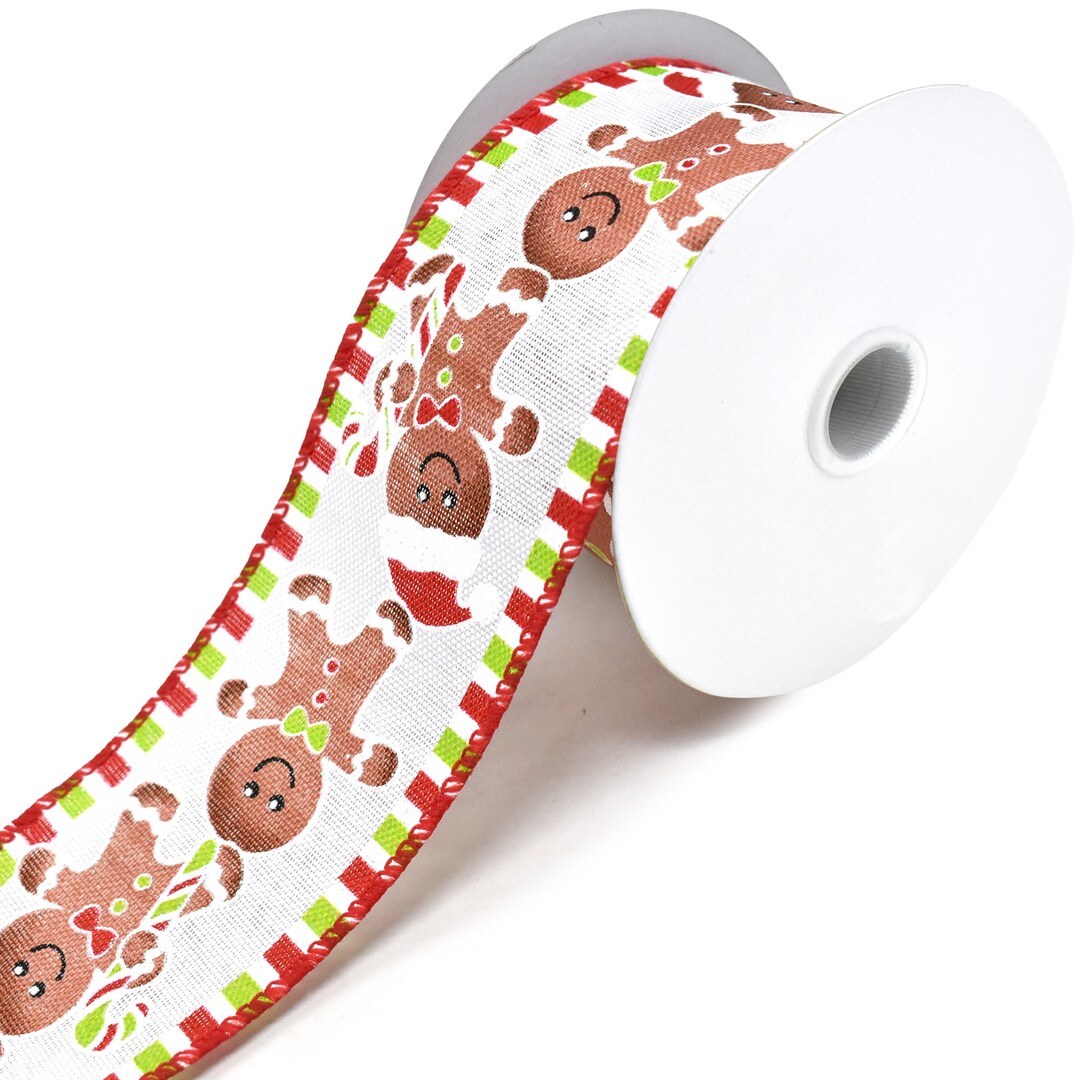 Gingerbread Man Linen Wired Edge Christmas Ribbon, White, 2-1/2-inch ...