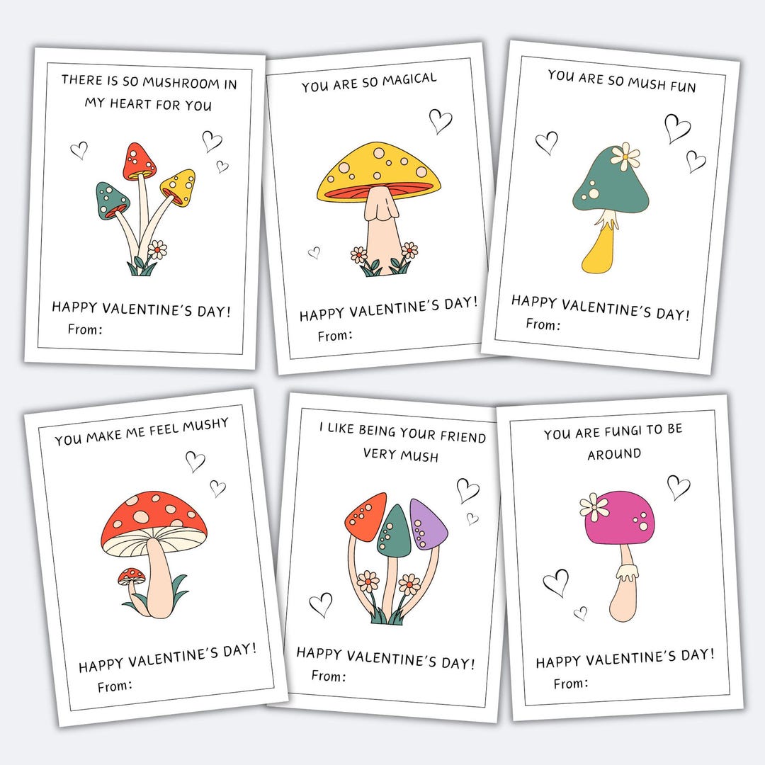Printable Mushroom Valentines, Kids Valentine Cards, Instant Download ...