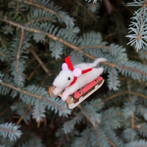 Tiny Mouse on a Sled Ornament, Needle Felted Mouse, Christmas Mouse ...