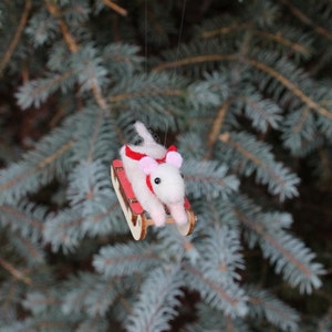 Tiny Mouse on a Sled Ornament, Needle Felted Mouse, Christmas Mouse ...