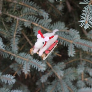 Tiny Mouse on a Sled Ornament, Needle Felted Mouse, Christmas Mouse ...