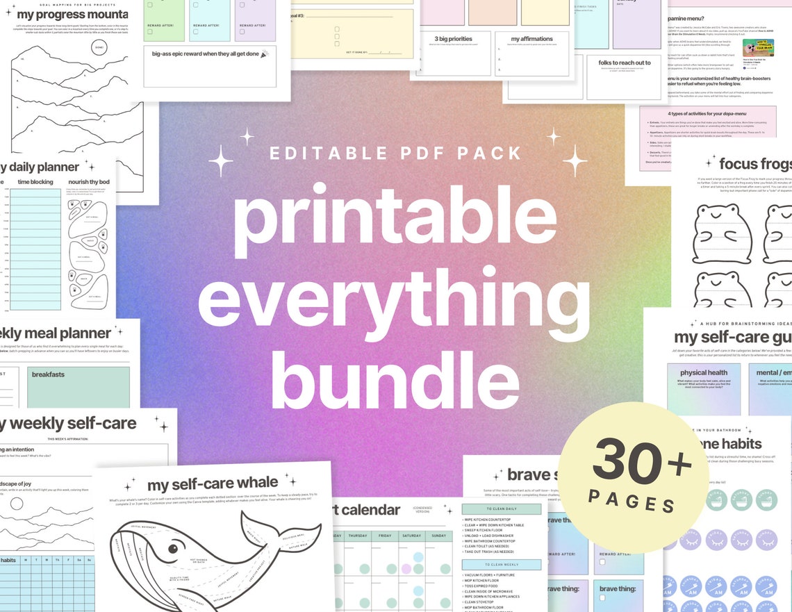 Printable BUNDLE ADHD Planner, Self Care Tracker Pack, Habit Tracker ...