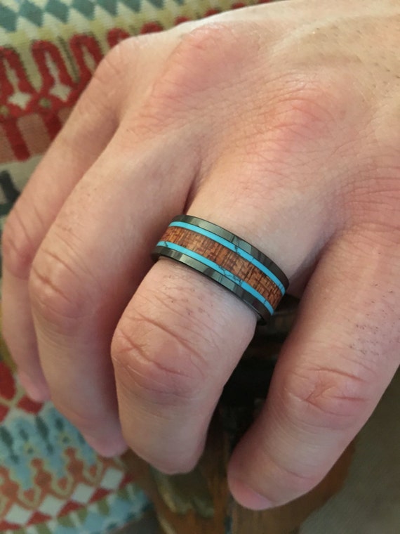 Mens Wedding Band Turquoise Koa Wood Ceramic Ring En… Gem