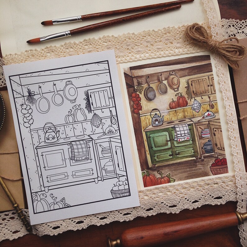 Retro Kitchen Coloring Page Adult Coloring Cottagecore - Etsy
