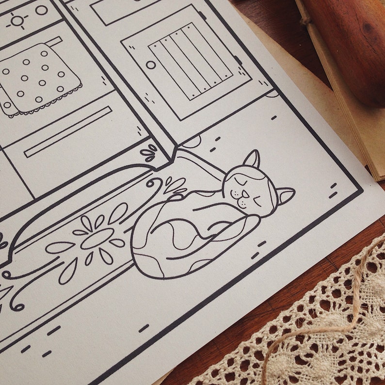 Cozy Kitchen With Cat Coloring Page Cottagecore Kitchen - Etsy