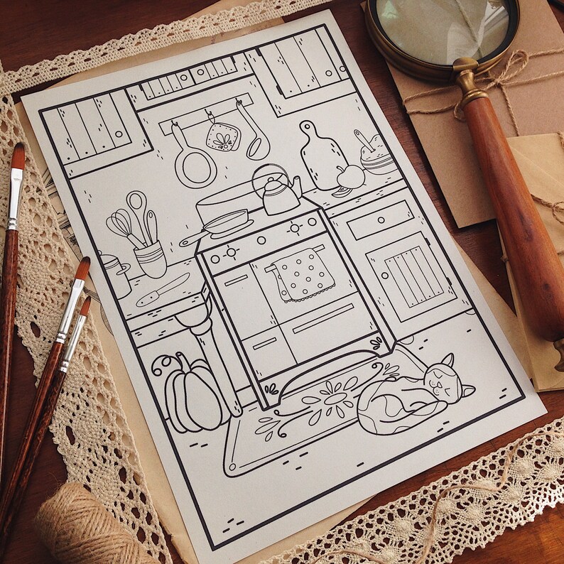 Cozy Kitchen With Cat Coloring Page Cottagecore Kitchen - Etsy
