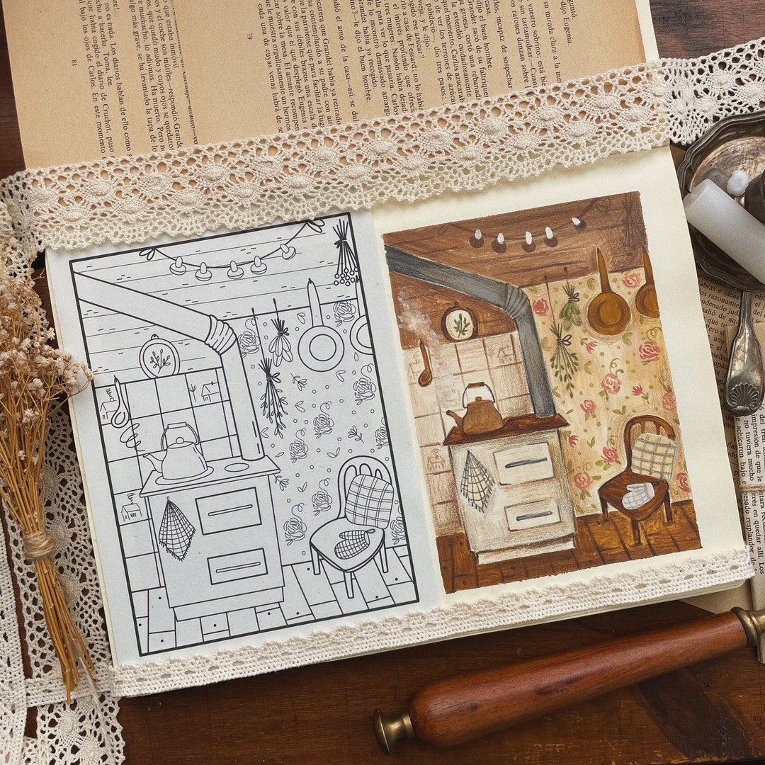 Small Kitchen, Coloring Page, Cottagecore Kitchen, Adult Coloring - Etsy