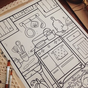 Cozy Kitchen With Cat, Coloring Page, Cottagecore Kitchen, Adult ...