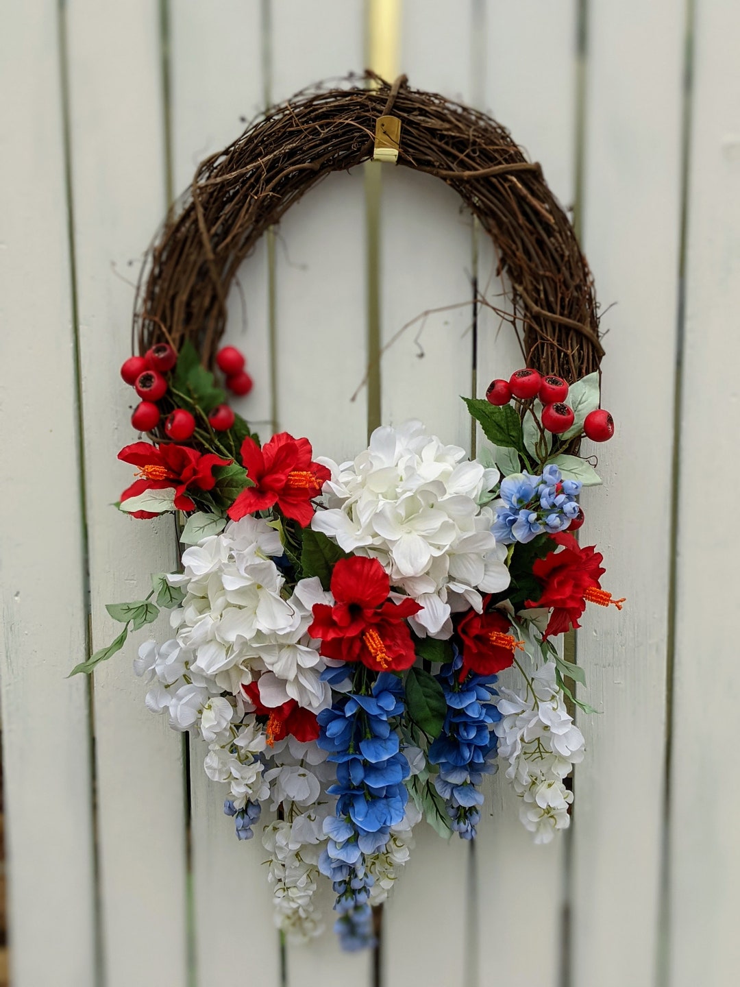 Patriotic Flower Wreath, Front Door Grapevine Wreath, General Gift ...