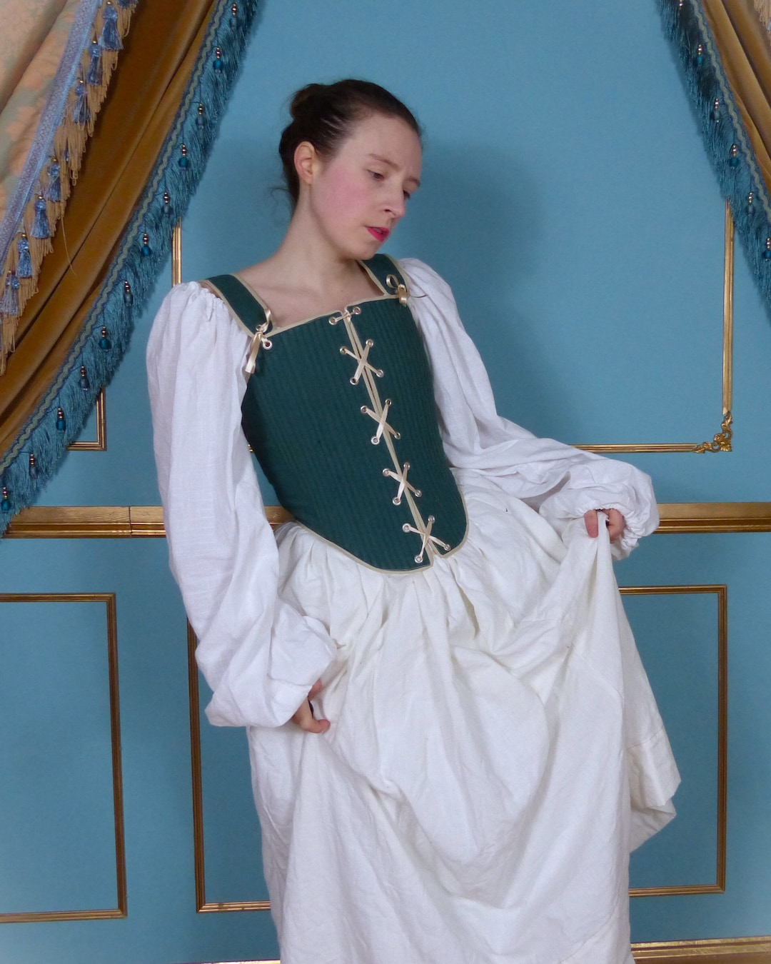 Ready to Ship Women's Green Linen Tudor Corset Open Fronted Historical ...