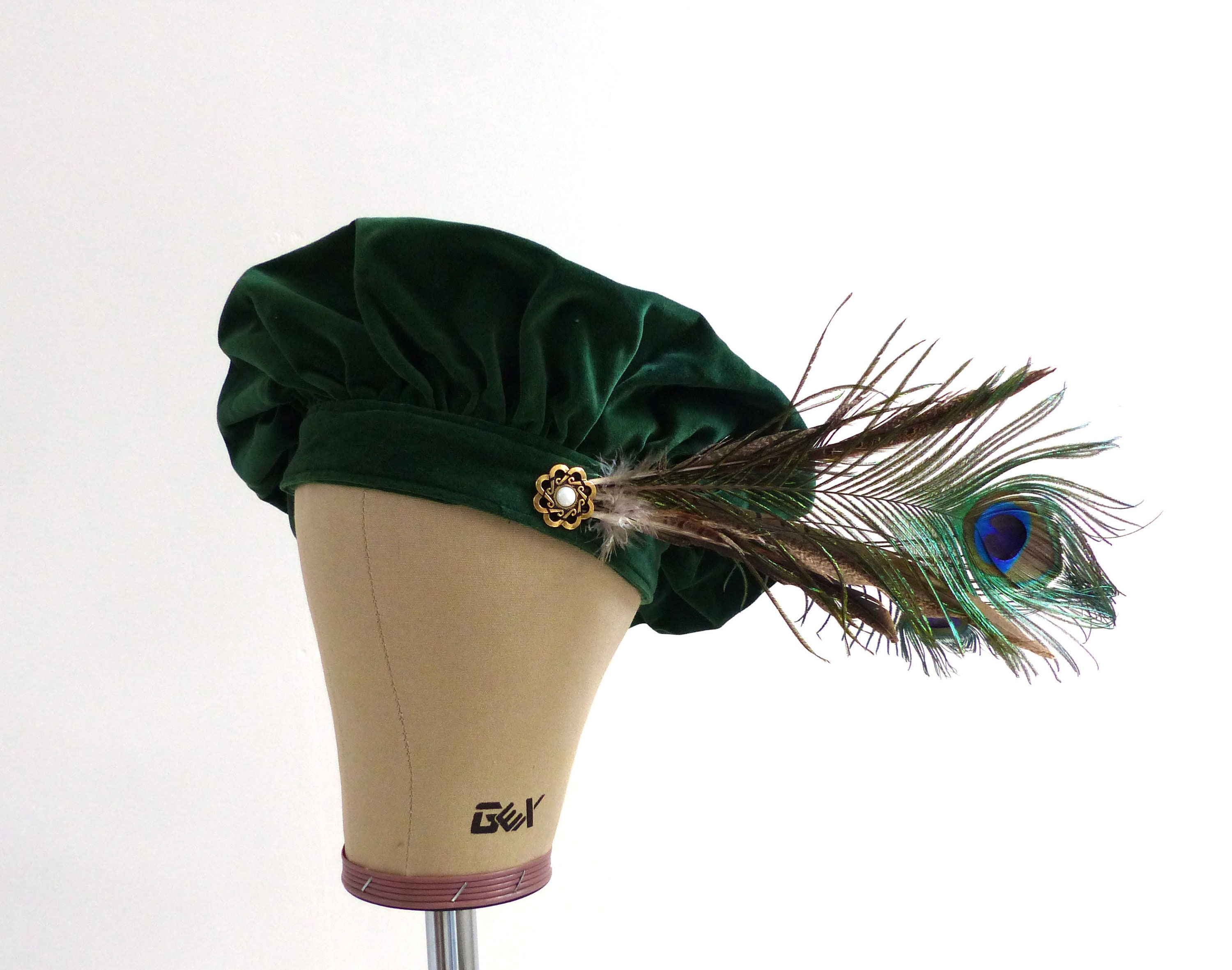 Velvet Renaissance Muffin Hat With Peacock and Pheasant Feathers ...