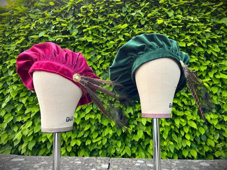 Velvet Renaissance Muffin Hat With Peacock and Pheasant Feathers ...