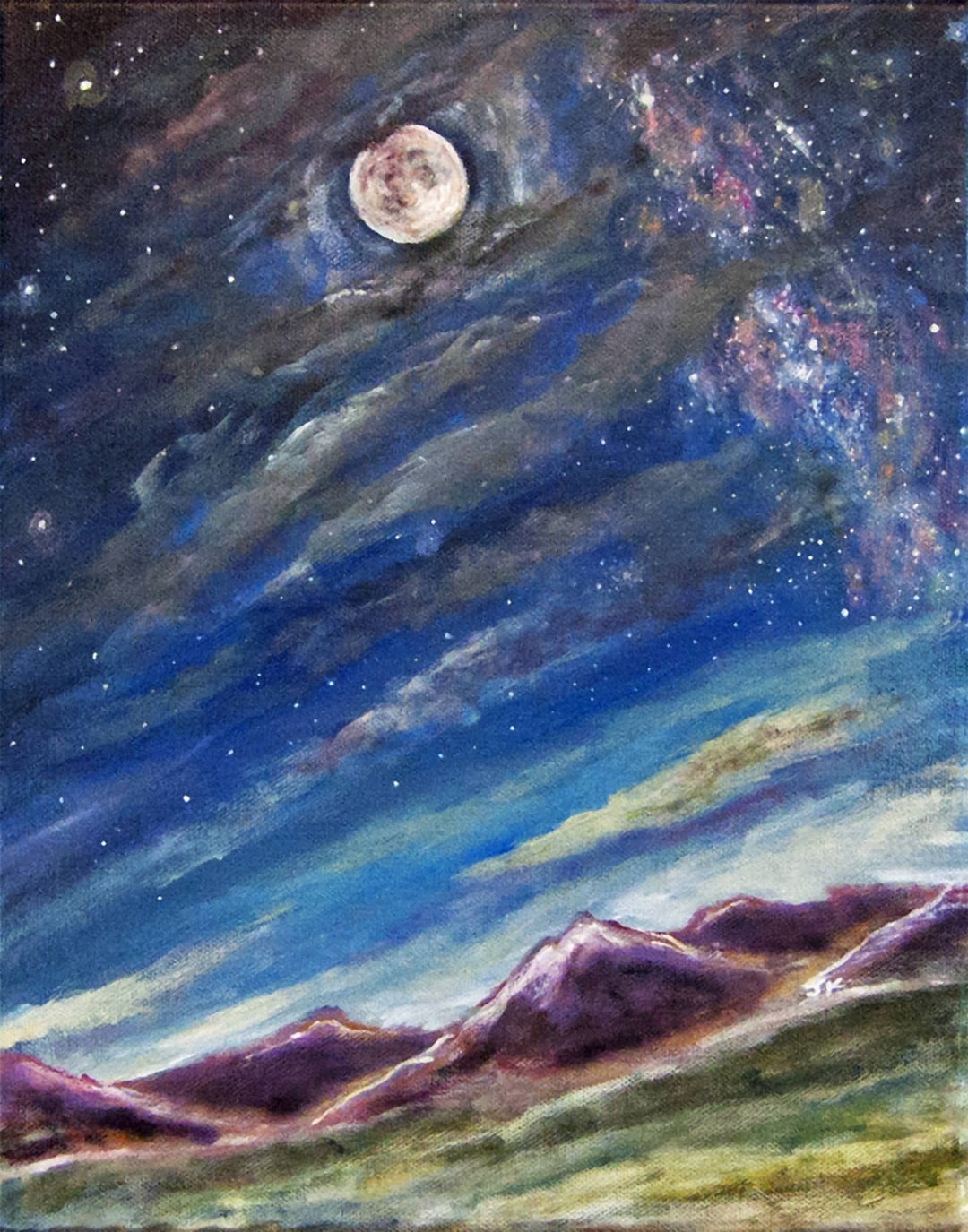 Original Night Sky Stars Full Moon Galaxy Nebula Mountains Clouds ...