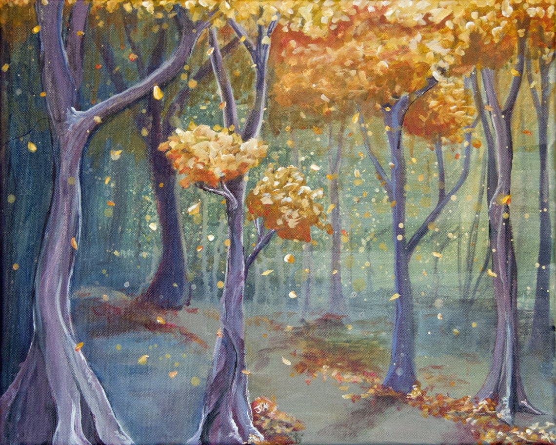 Fantasy Autumn Fall Landscape Falling Leaves Forest Woods Trees Yellow ...