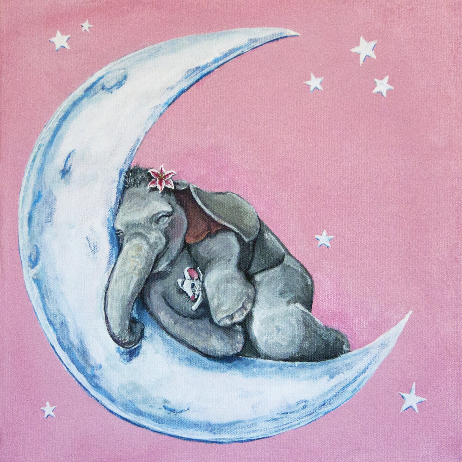 Cute Whimsical Sleeping Baby Elephant Mouse Stargazer Lily Flower Moon ...