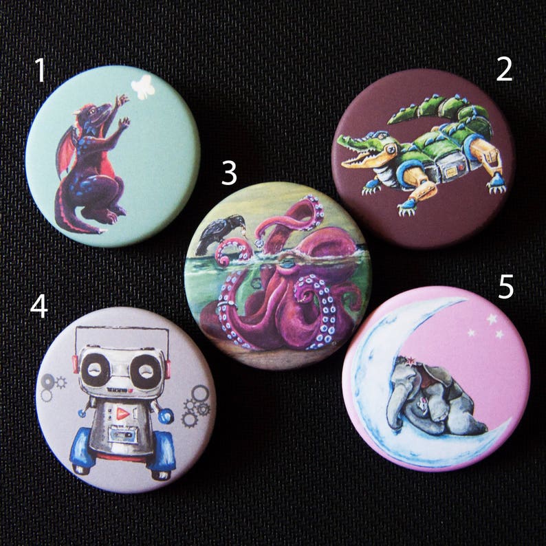 Pin Back Buttons Round 1.75" Cute Fun Animal or Robot Art, Backpack Pin ...