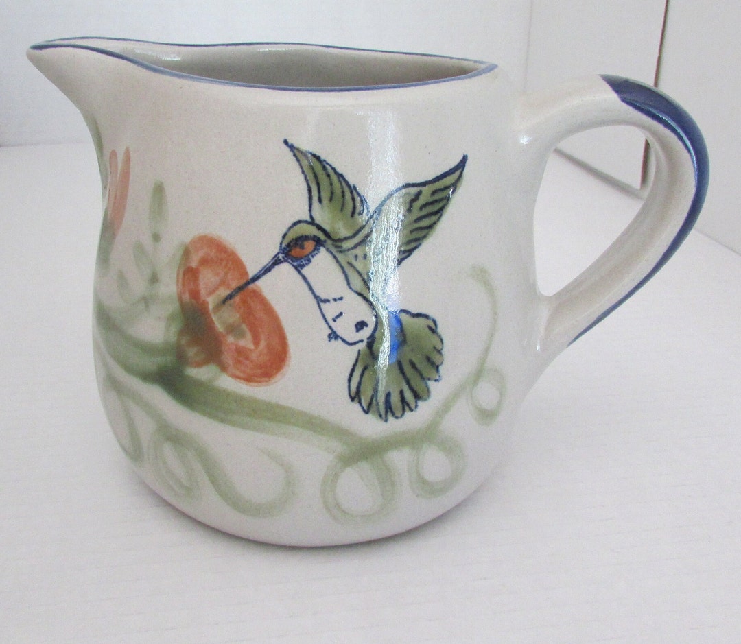 LOUISVILLE STONEWARE HUMMINGBIRD Pitcher Two Birds Vintage Pottery Blue ...