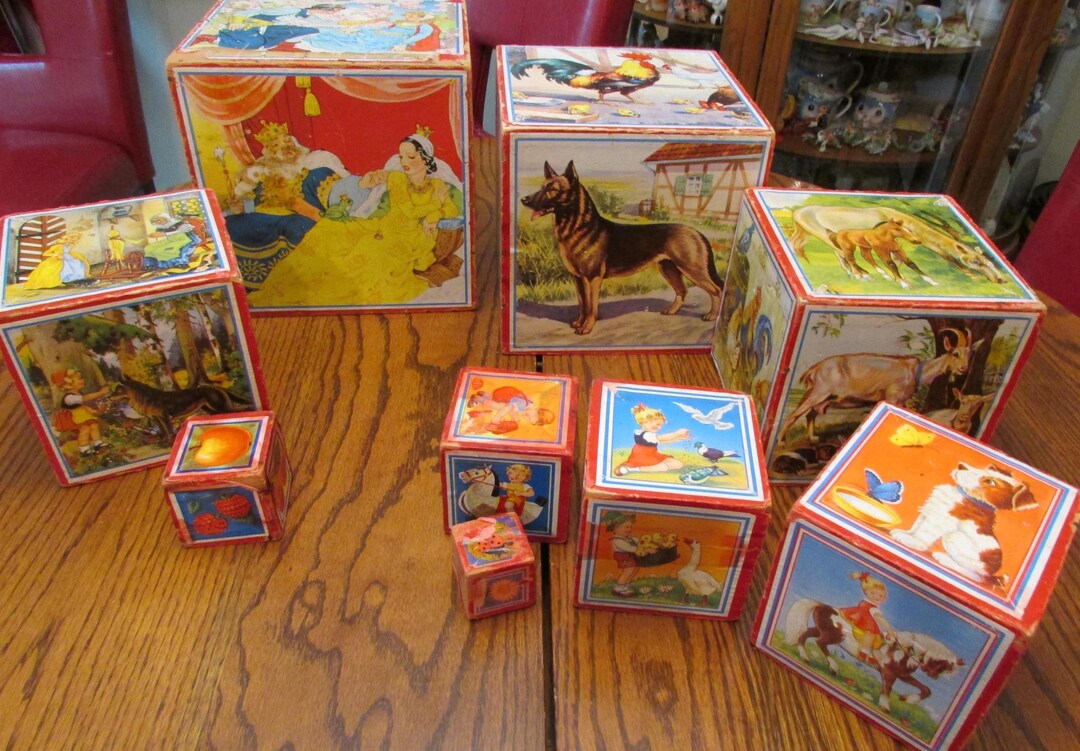 1920S WOODEN STACKING BOXES Fairy Tales Animals 9 Boxes Blocks Colorful ...