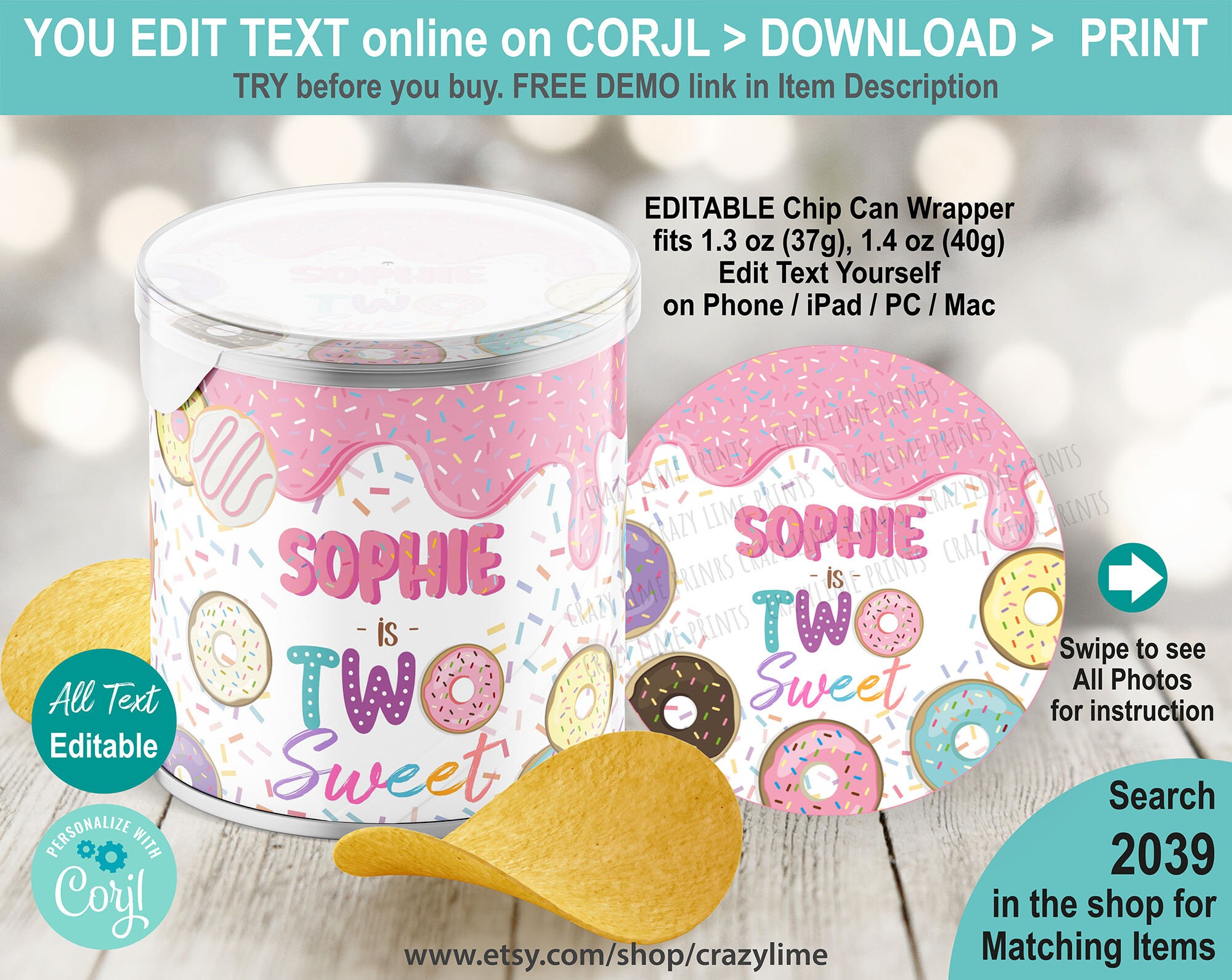 EDITABLE Donut Two Sweet Chip Can Wrapper Digital Template. - Etsy