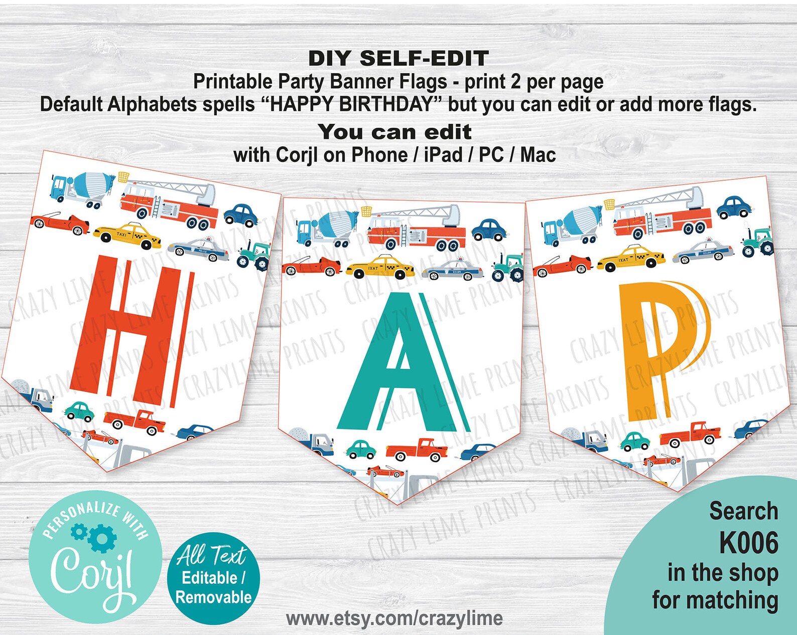 EDITABLE Transportation Happy Birthday Party Banner. Kid Boy | Etsy