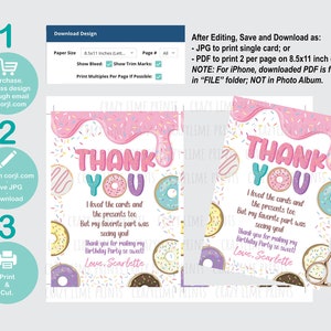 Donut Thank You Card Editable Template. Fully Customised Text. Girl ...
