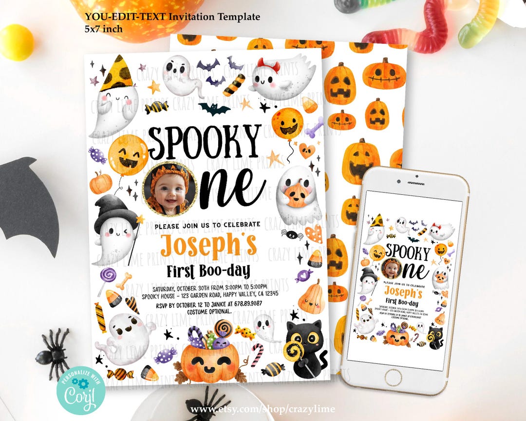 EDITABLE Spooky One Photo Invitation. Baby 1st Halloween Birthday Party ...