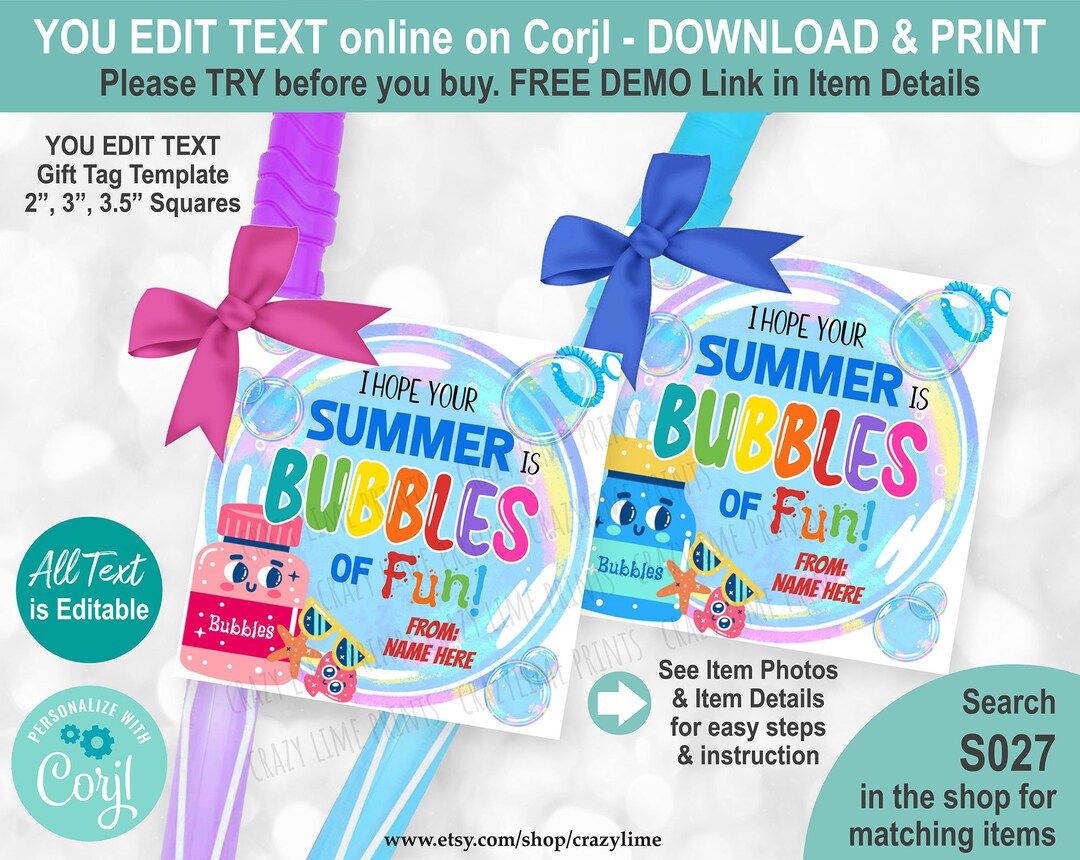 End of School Year Bubble Wand Gift Tag Editable Template. Personalised ...