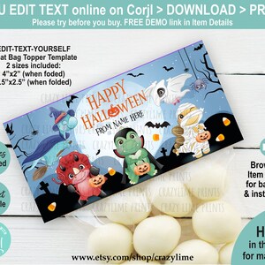 EDITABLE Halloween Treat Bag Topper Template. Printable Cute Dinosaur ...