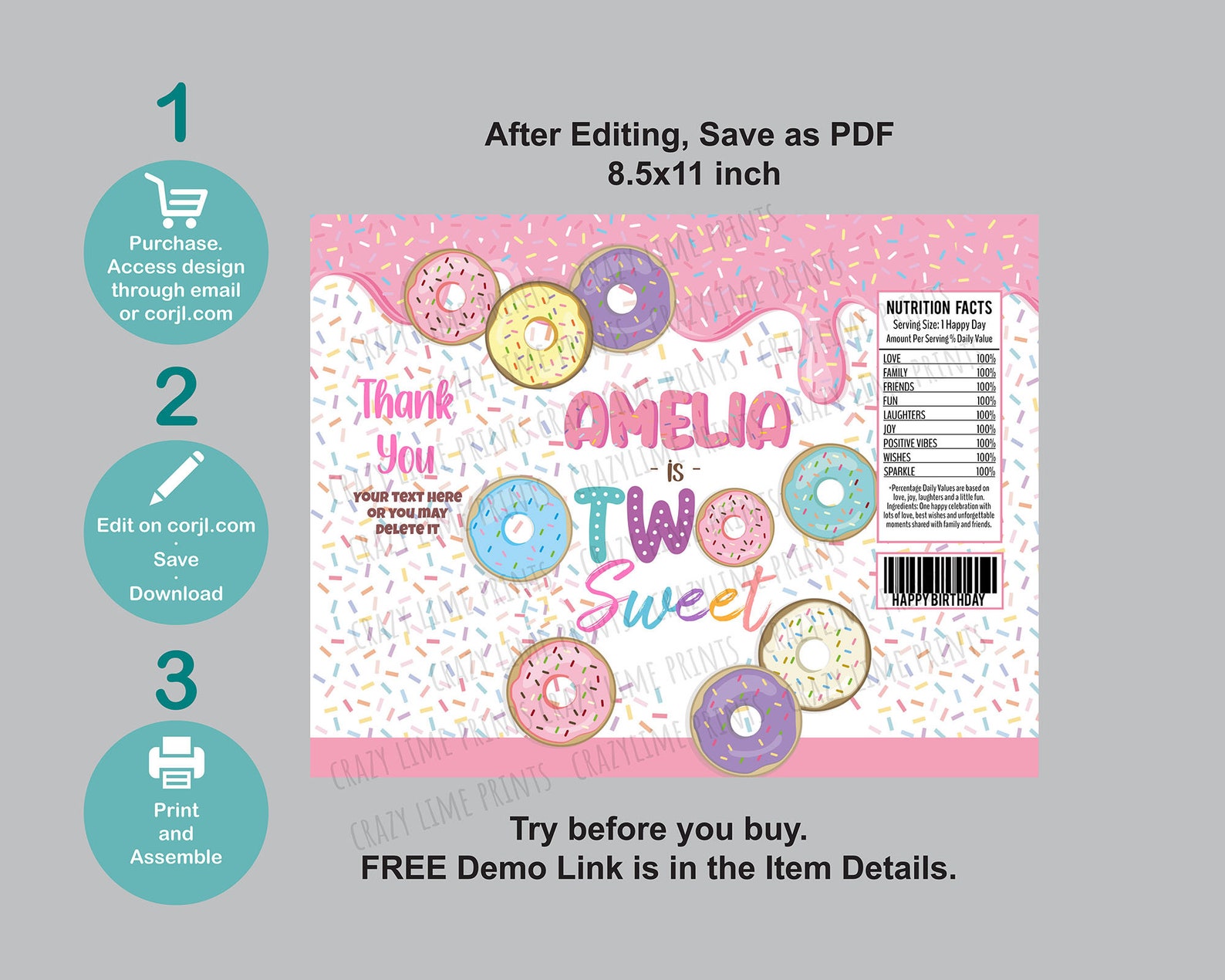 EDITABLE Donut Two Sweet 2nd Birthday Party Favors Bundle 5 Templates ...