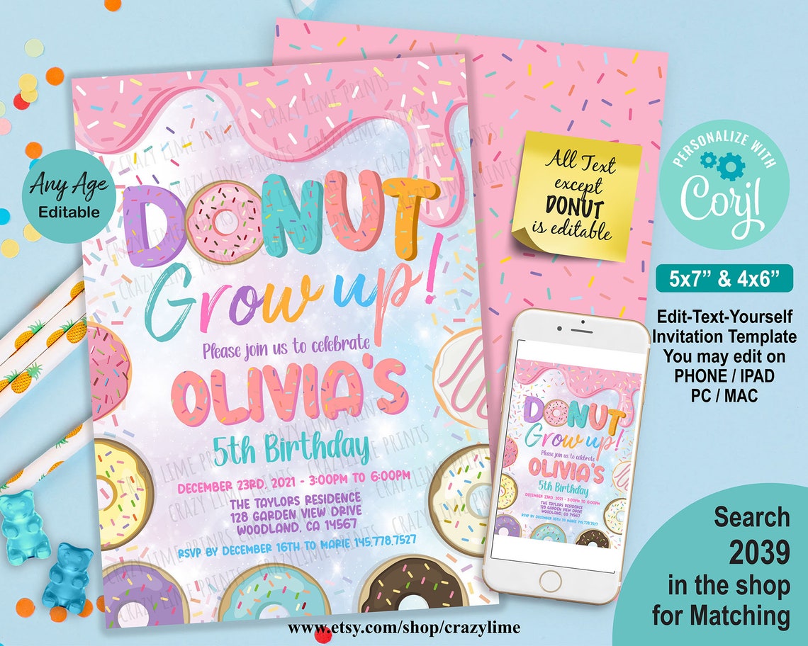 Editable Donut Grow up Birthday Party Invitation Template. Kid | Etsy
